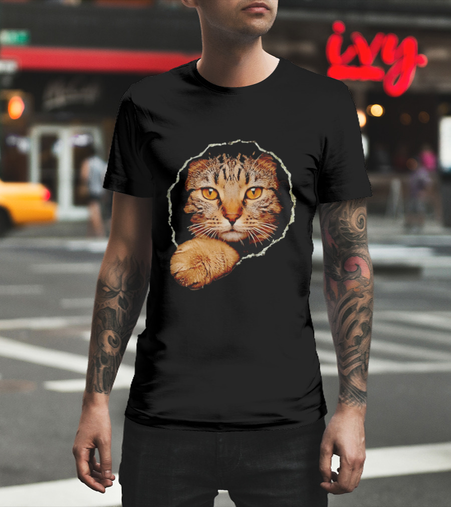 Tabby Cat Golden Eyes Peeking Through Handsome Brown T-Shirt