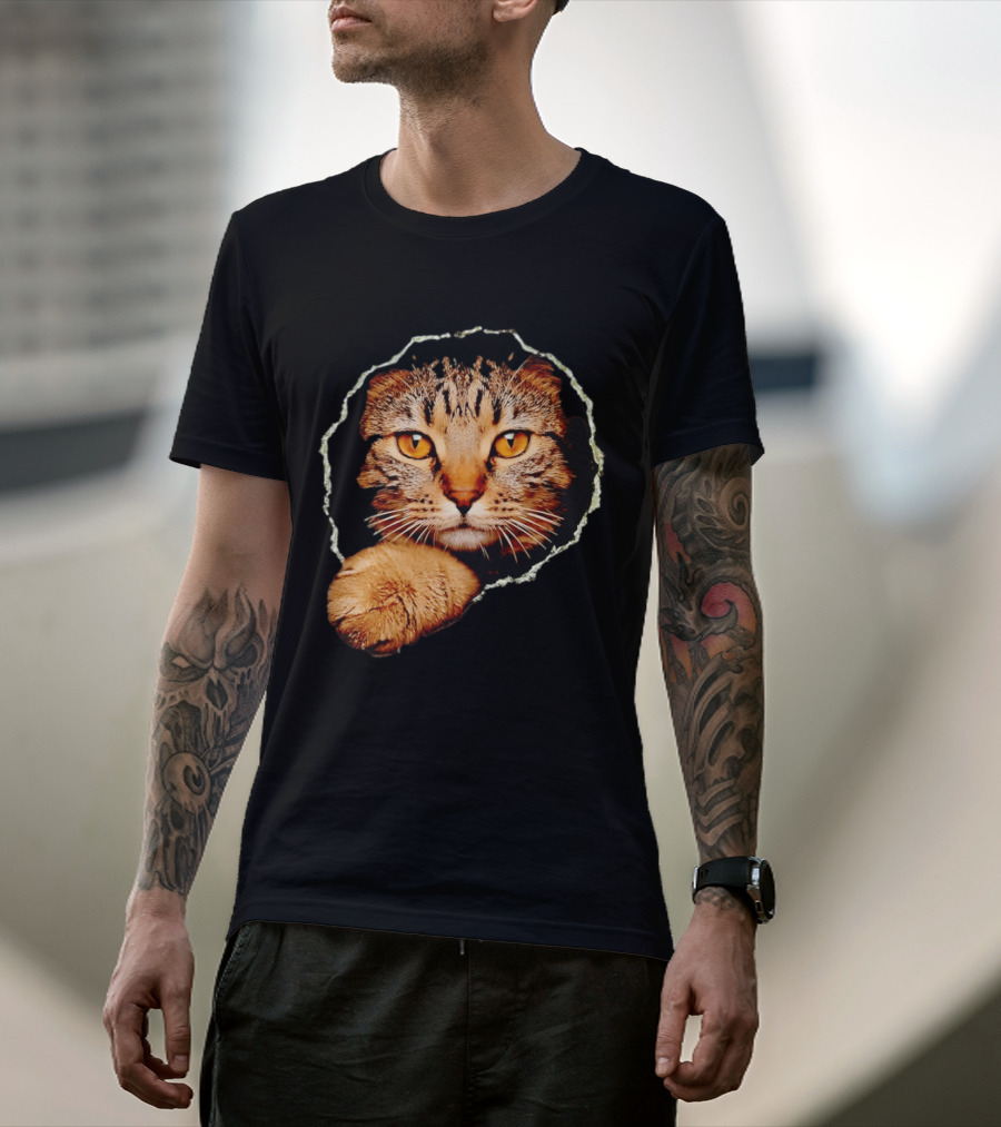 Tabby Cat Golden Eyes Peeking Through Handsome Brown T-Shirt
