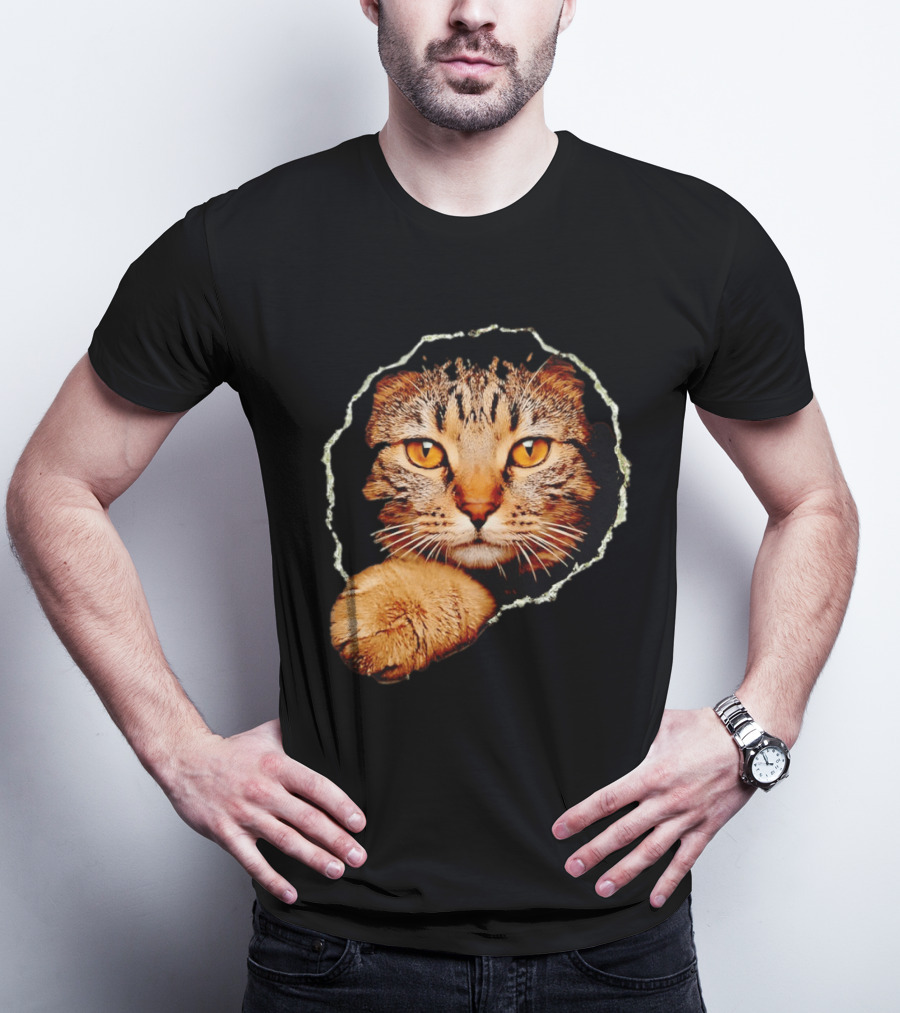 Tabby Cat Golden Eyes Peeking Through Handsome Brown T-Shirt