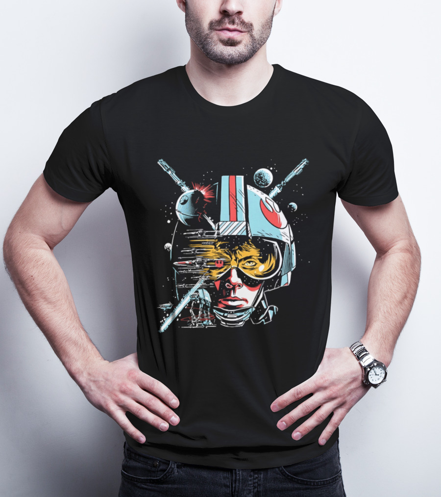 Luke Skywalker Helmet With Blaster And Planets T-Shirt