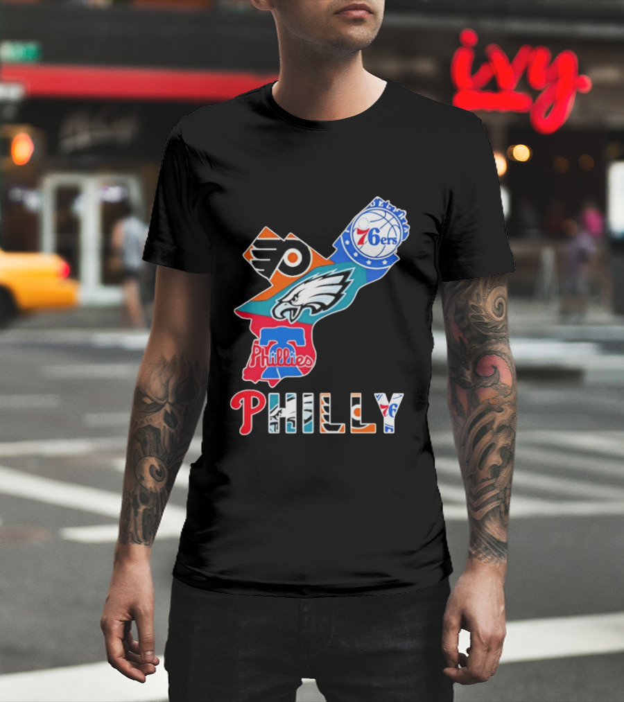 Philadelphia Flyers 76ers Eagles Phillies PHILLY Sports Logos State Map T-Shirt
