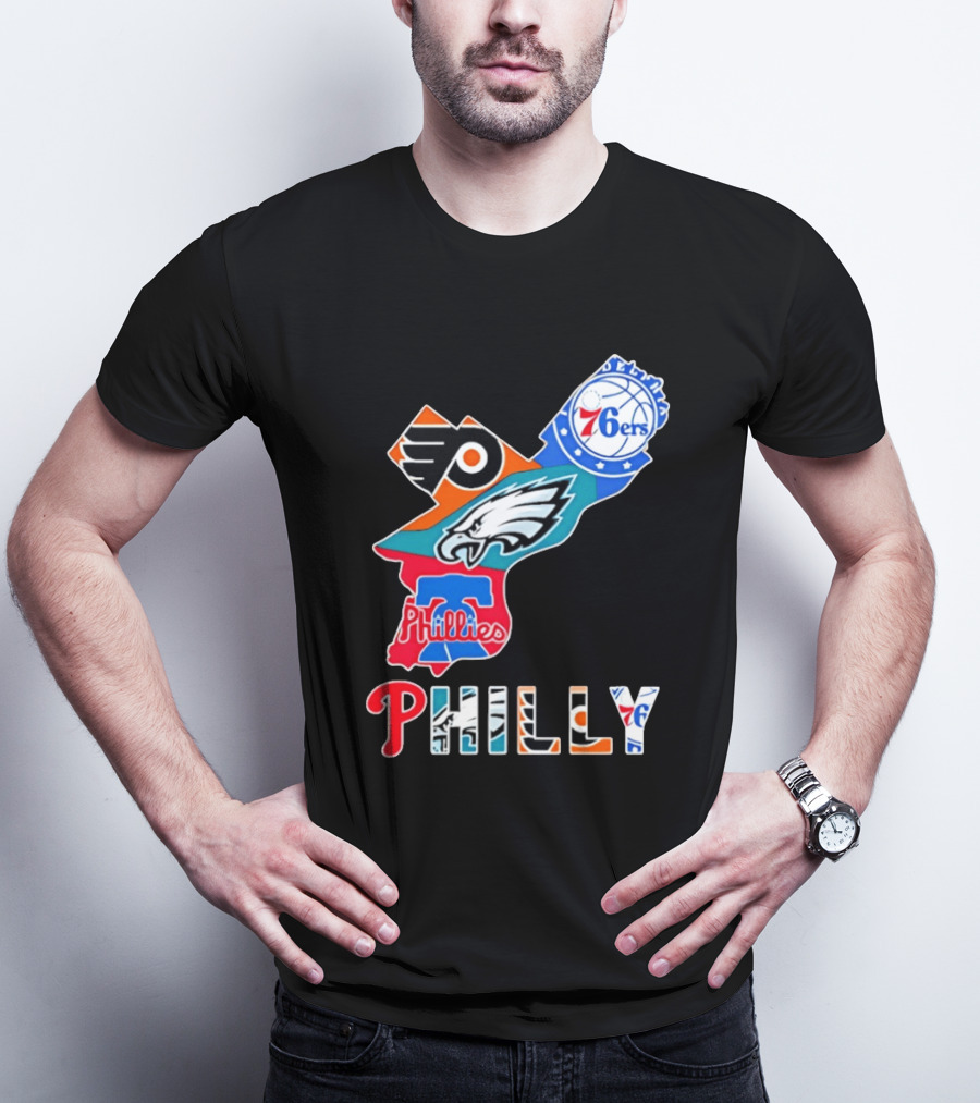 Philadelphia Flyers 76ers Eagles Phillies PHILLY Sports Logos State Map T-Shirt