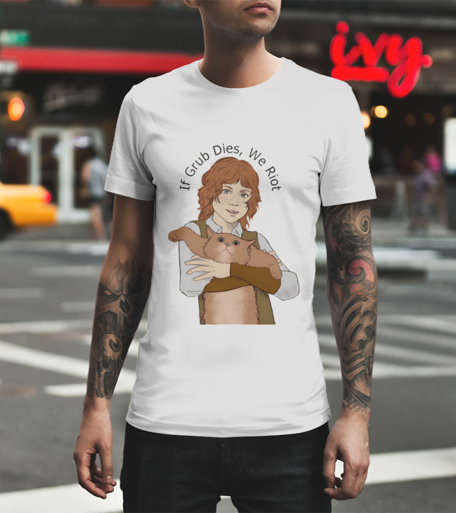 If Grub Dies We Riot Character With Cat Drawing T-Shirt