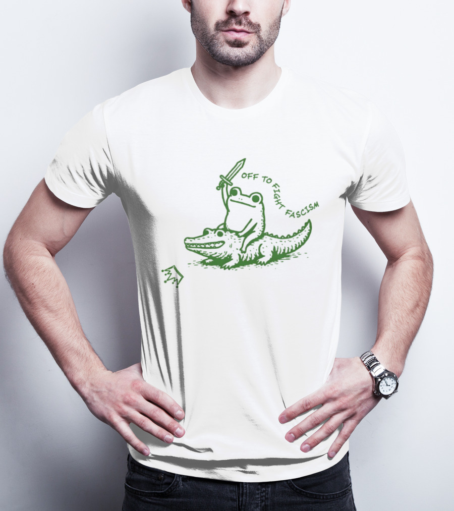 Off To Fight Fascism Unhinged Frog Riding Alligator Sword Meme T-Shirt