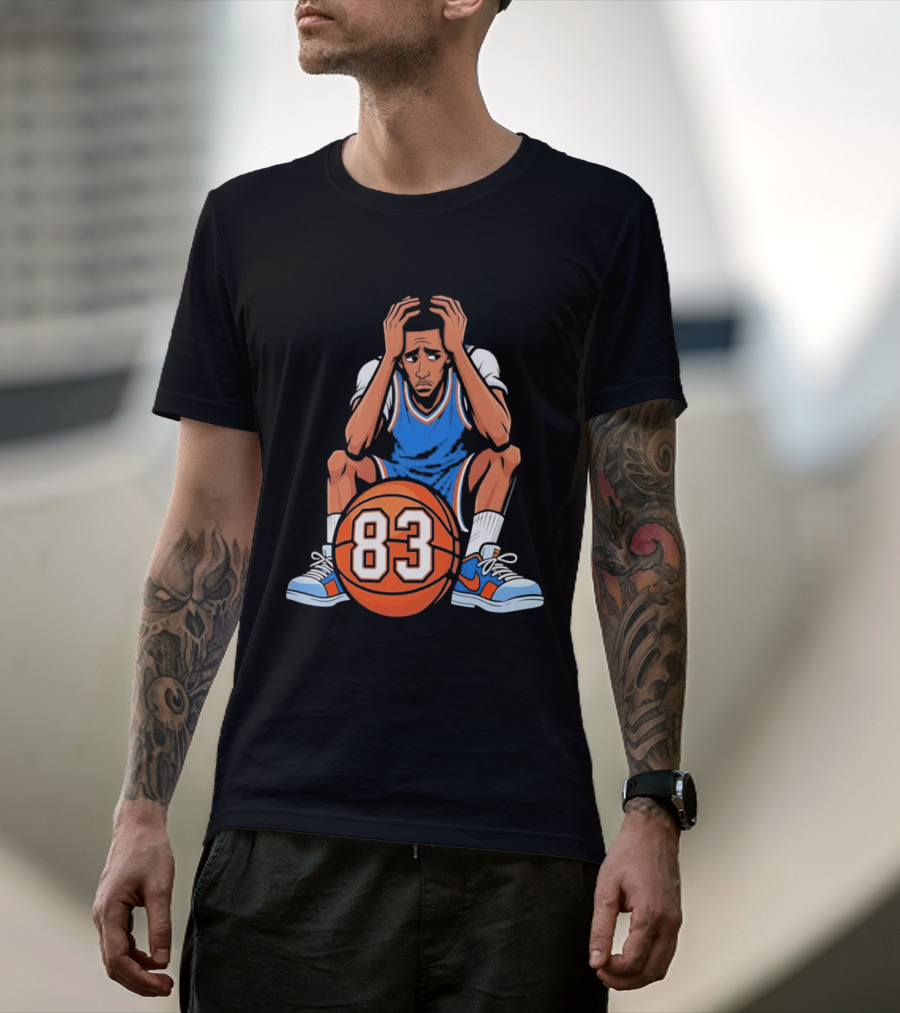 Basketball Player Caricature 83 Sitting Blue Orange Jersey Sneakers T-Shirt