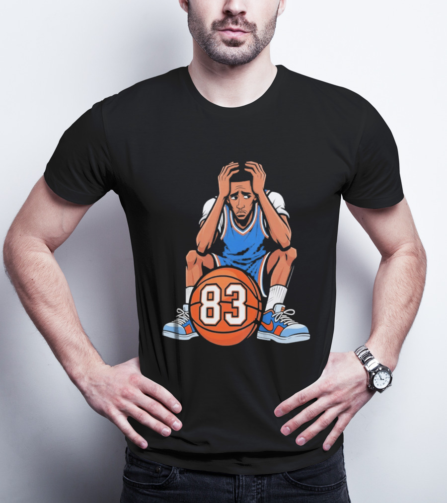Basketball Player Caricature 83 Sitting Blue Orange Jersey Sneakers T-Shirt