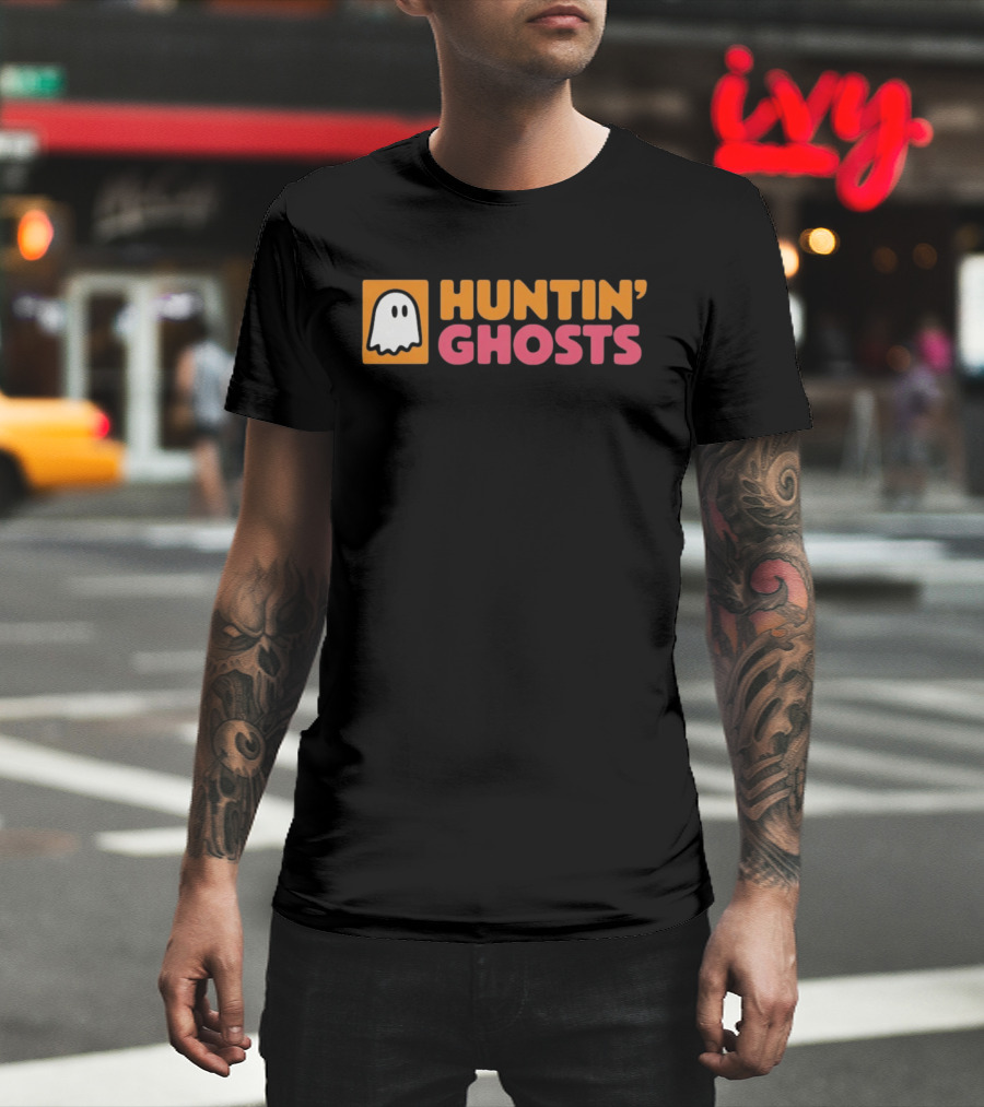 Huntin' Ghosts Halloween White Ghost Icon On Orange T-Shirt