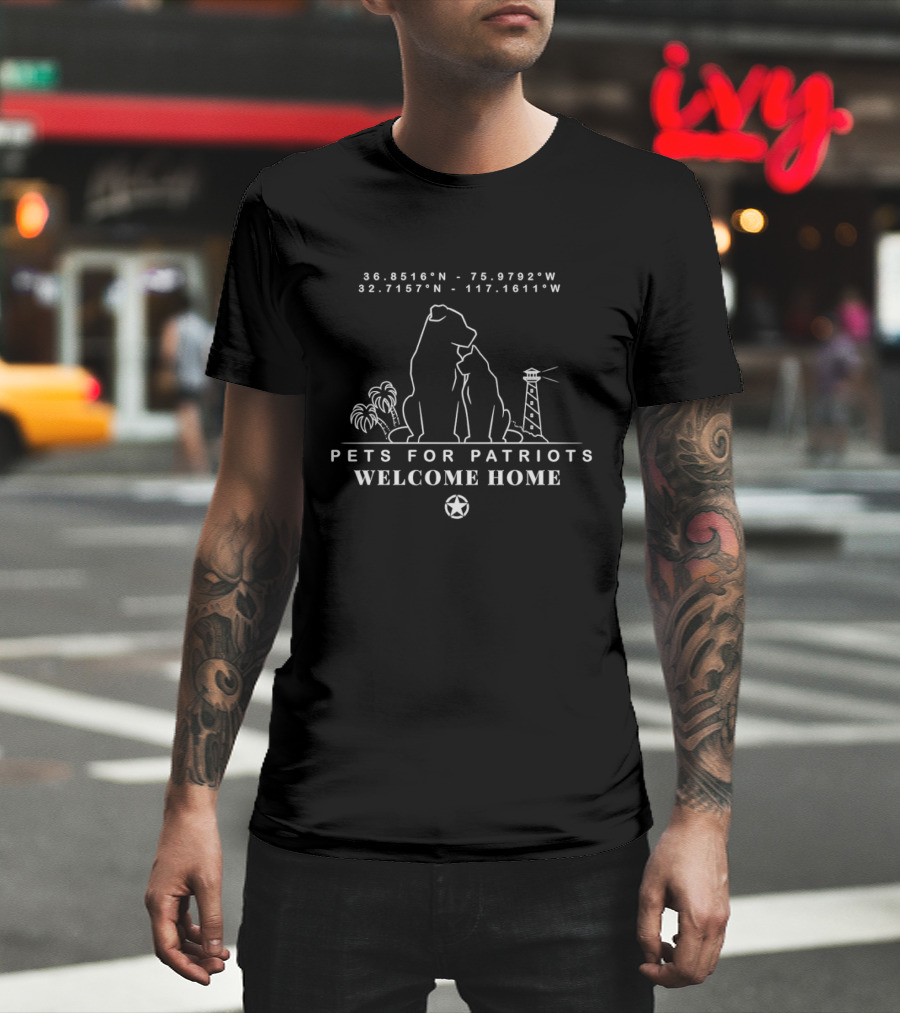 Pets For Patriots Welcome Home Dogs Silhouette With Coordinates And Lighthouse T-Shirt
