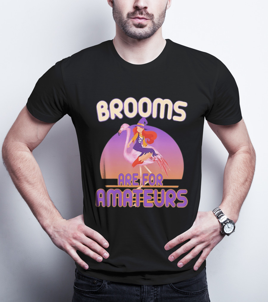 Brooms Are For Amateurs Witch Riding Flamingo T-Shirt
