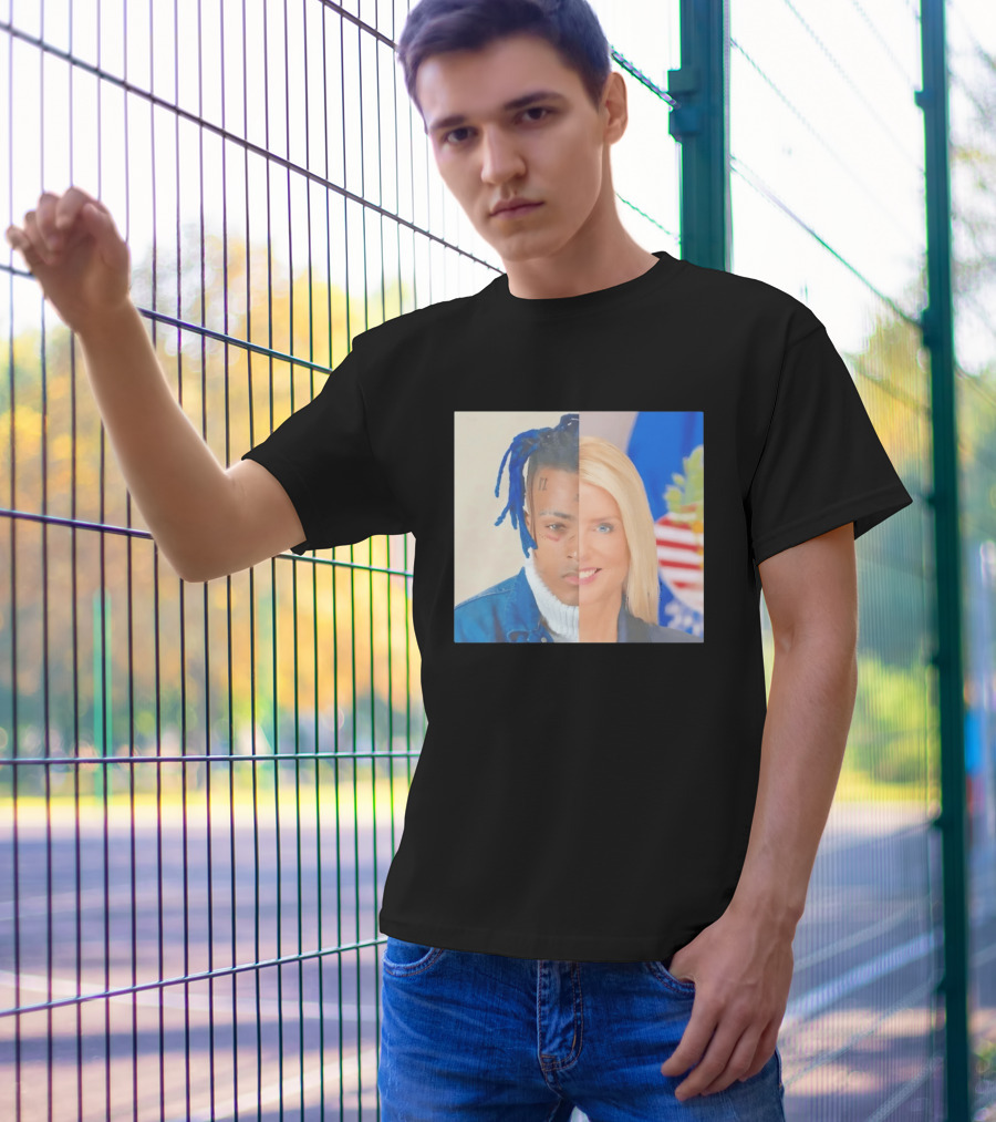 XXXTentacion Pam Bondi Split Image Face Half Blue Dreads Tattoos American Flag T-Shirt