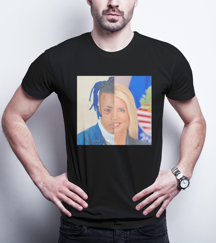 XXXTentacion Pam Bondi Split Image Face Half Blue Dreads Tattoos American Flag T-Shirt