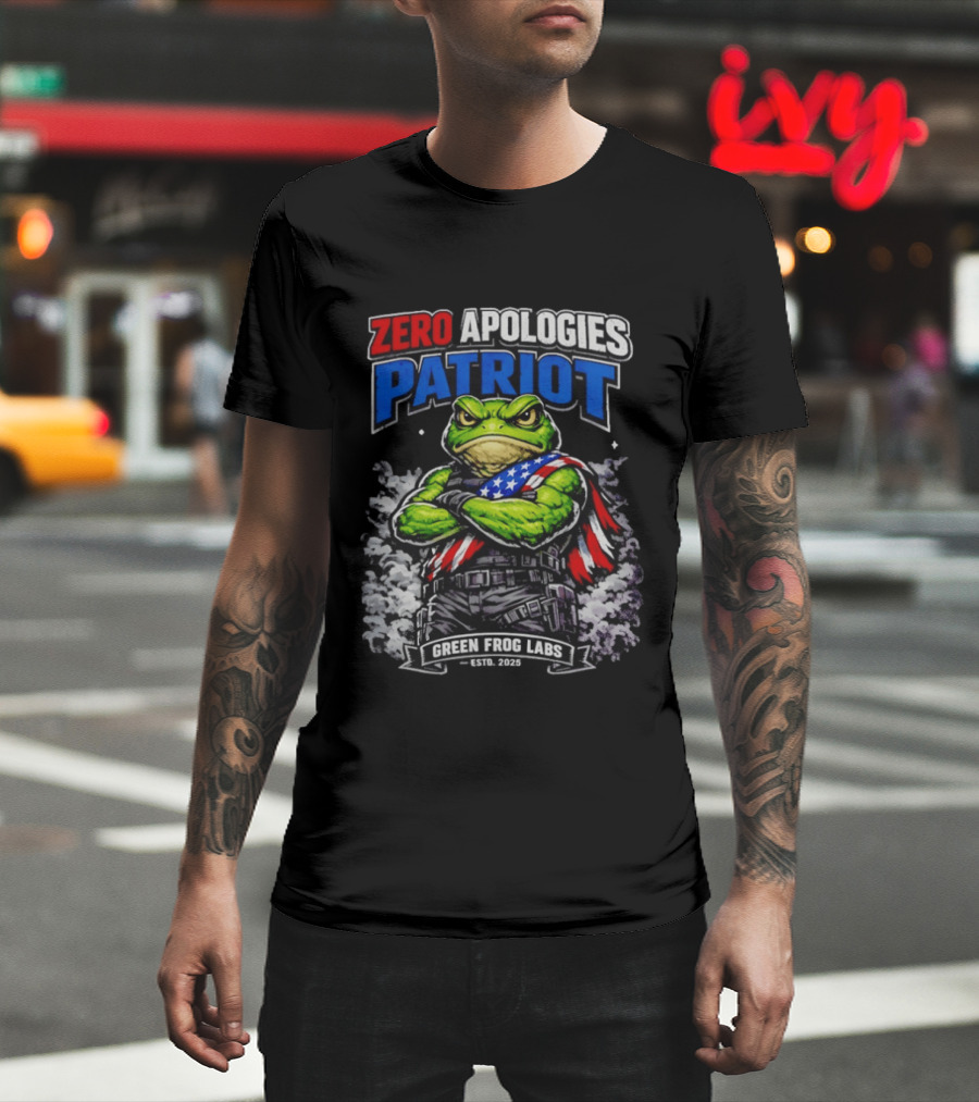 Zero Apologies Patriot Green Frog Labs Estd 2025 American Flag Frog T-Shirt