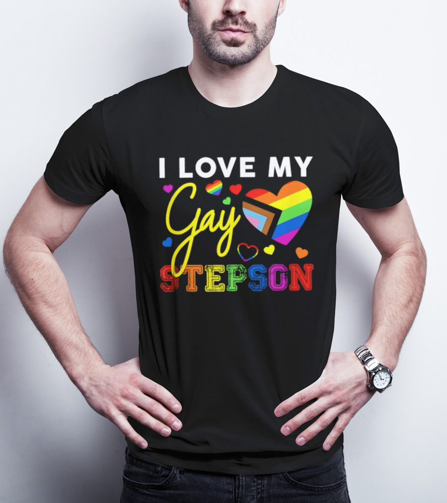 I Love My Gay Stepson LGBT Pride Rainbow Heart T-Shirt