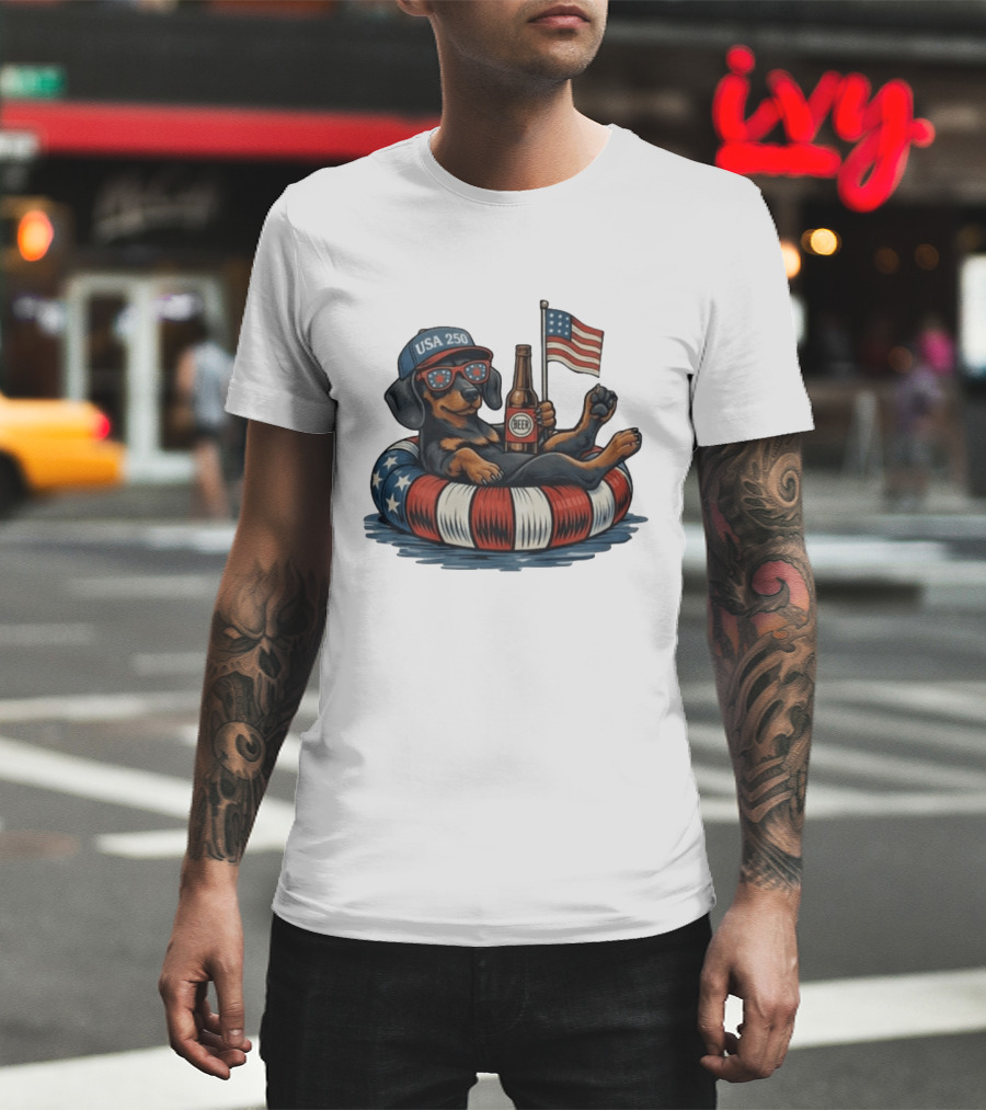 USA 250 Dachshund Floating With American Flag And Beer T-Shirt