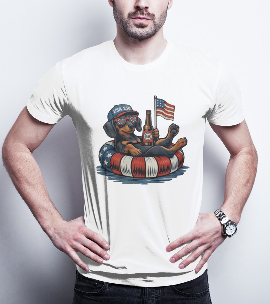 USA 250 Dachshund Floating With American Flag And Beer T-Shirt