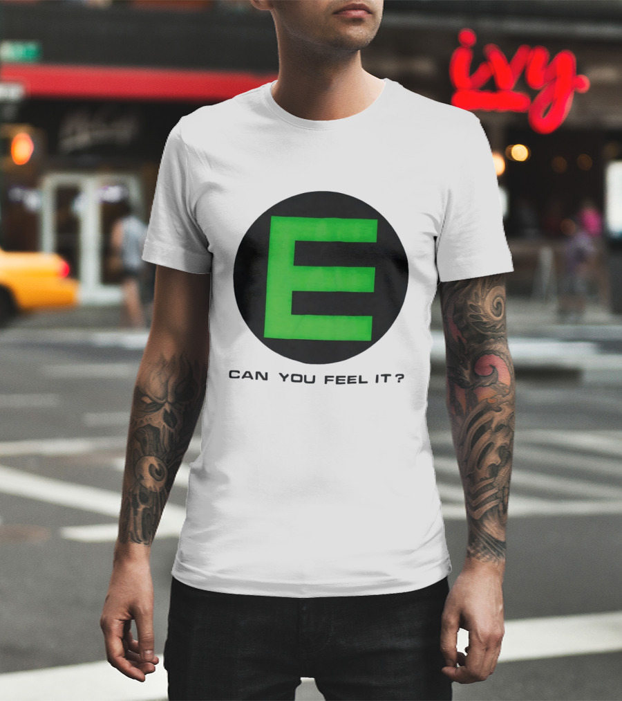 E Can You Feel It Green Block Letter T-Shirt