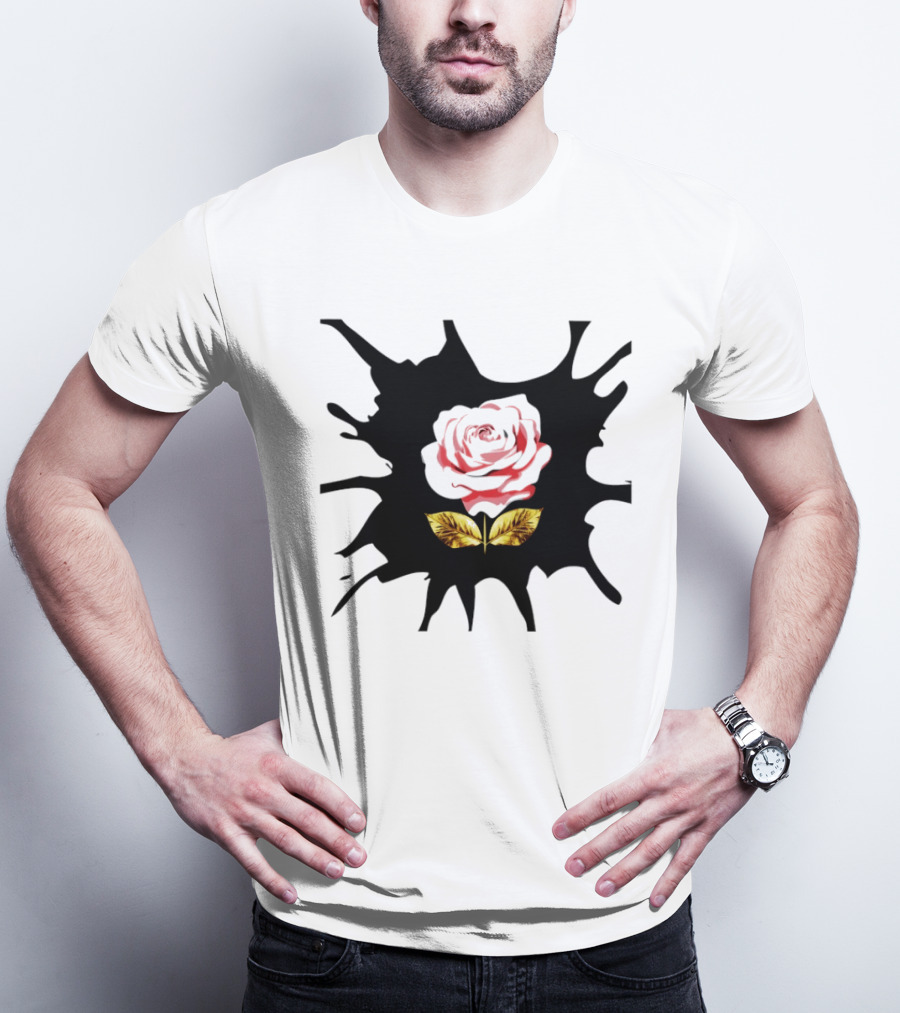 Elegant Pink Flower On Dark Splatter With Golden Leaves T-Shirt