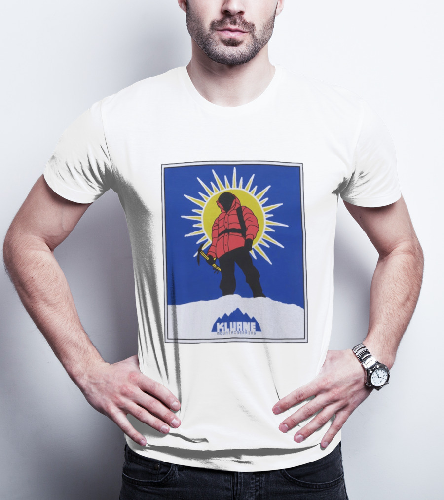 Kluane Mountaineering Hiker In Red Parka With Sunburst And Ice Axe T-Shirt