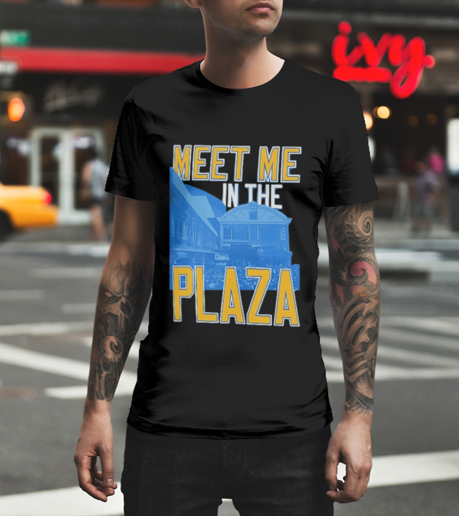 Meet Me In The Plaza Urban Architecture Blue And Yellow T-Shirt