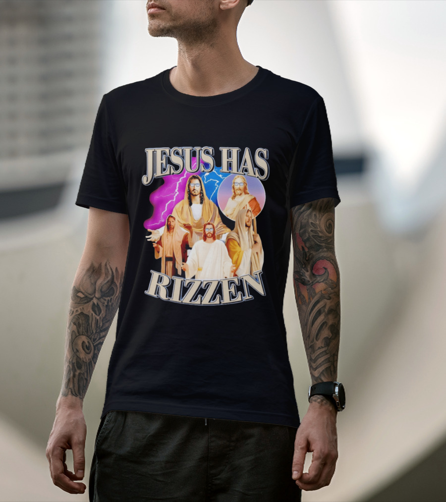 Jesus Has Rizz'en Meme Humor Lightning Vibes Sunglasses T-Shirt