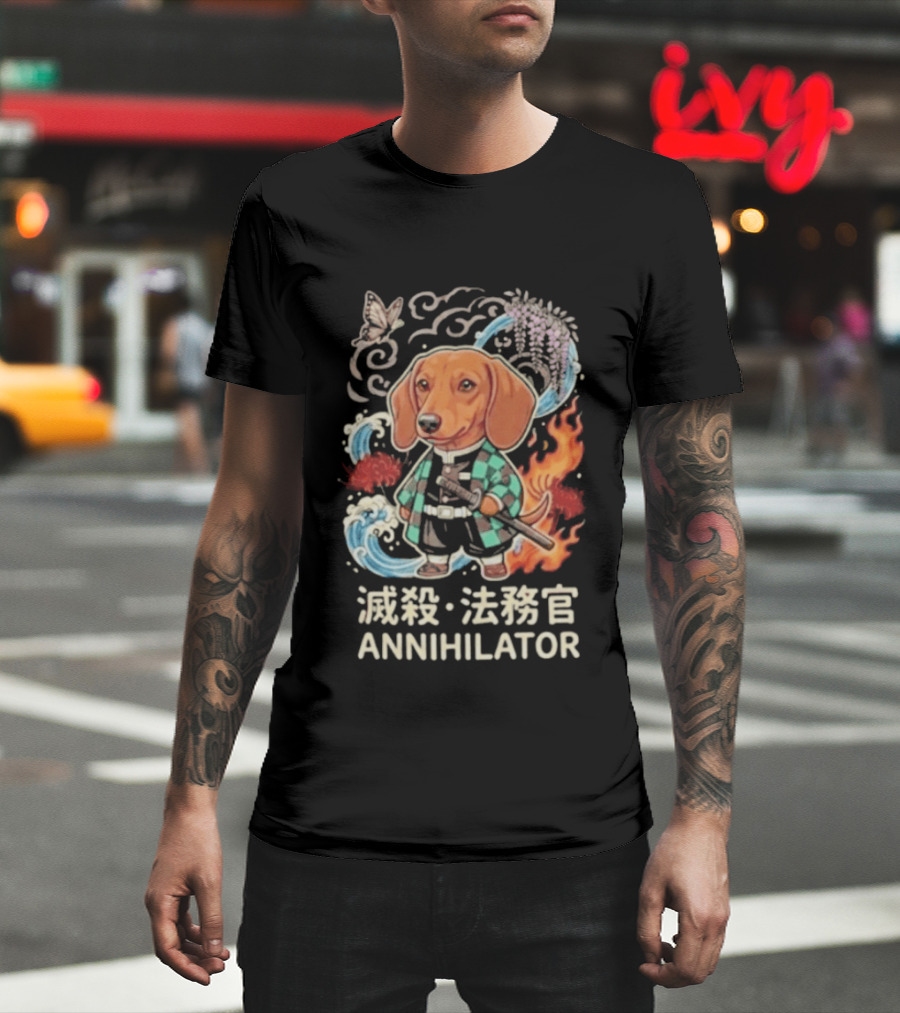 Annihilator Dachshund Kimono Kanji Flame Water Sword Butterfly T-Shirt