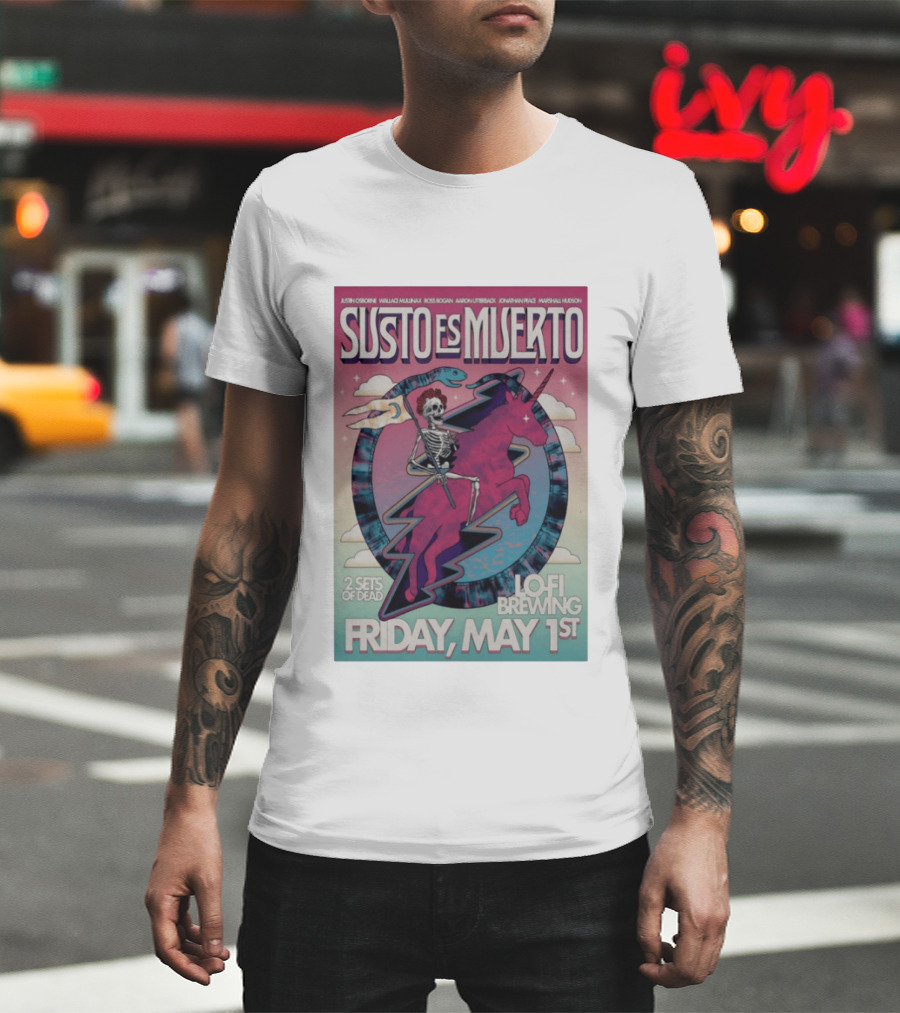 Susto Es Muerto Lofi Brewing May 1st Skeleton Riding Pegasus T-Shirt