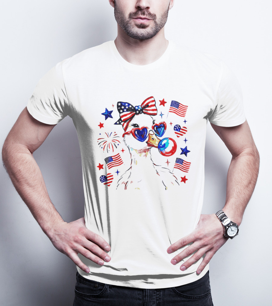 Preppy Patriotic Goose Coquette Fourth Of July With Stars And Stripes Sunglasses And Bow Tie T-Shirt