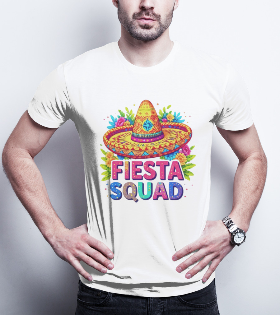 Fiesta Squad Colorful Sombrero And Flowers Cinco De Mayo Celebration T-Shirt
