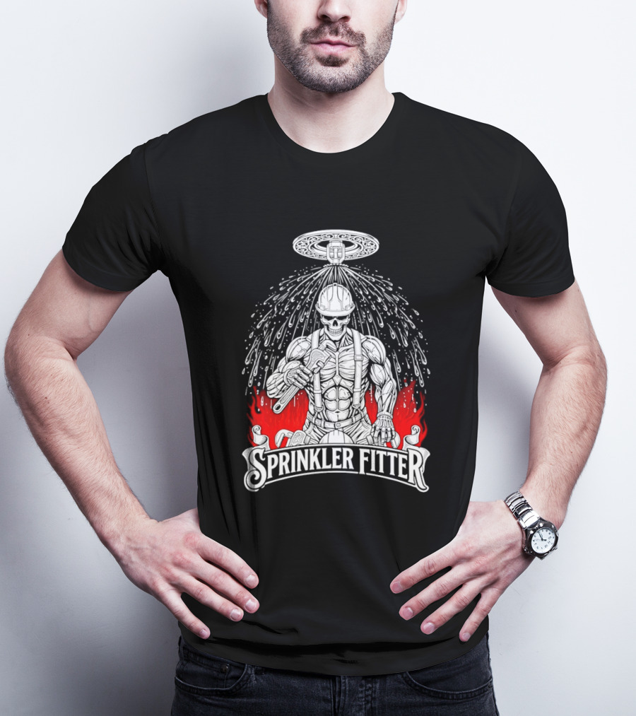 Skeleton Sprinkler Fitter With Fiery T-Shirt