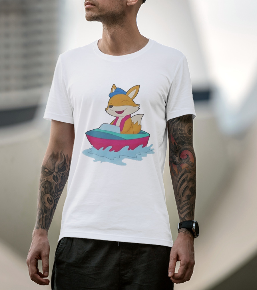 Cheerful Fox Sailing In Colorful Boat With Blue Hat And Pink Life Vest T-Shirt