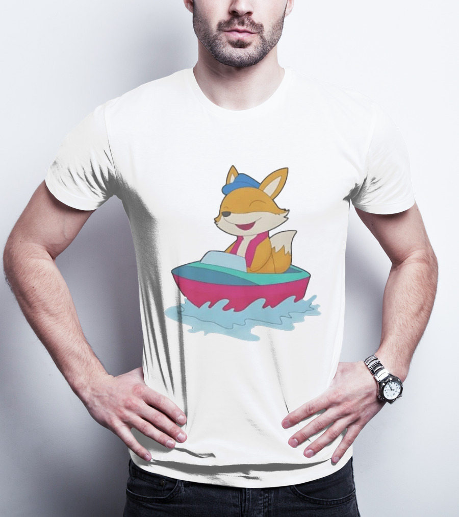 Cheerful Fox Sailing In Colorful Boat With Blue Hat And Pink Life Vest T-Shirt