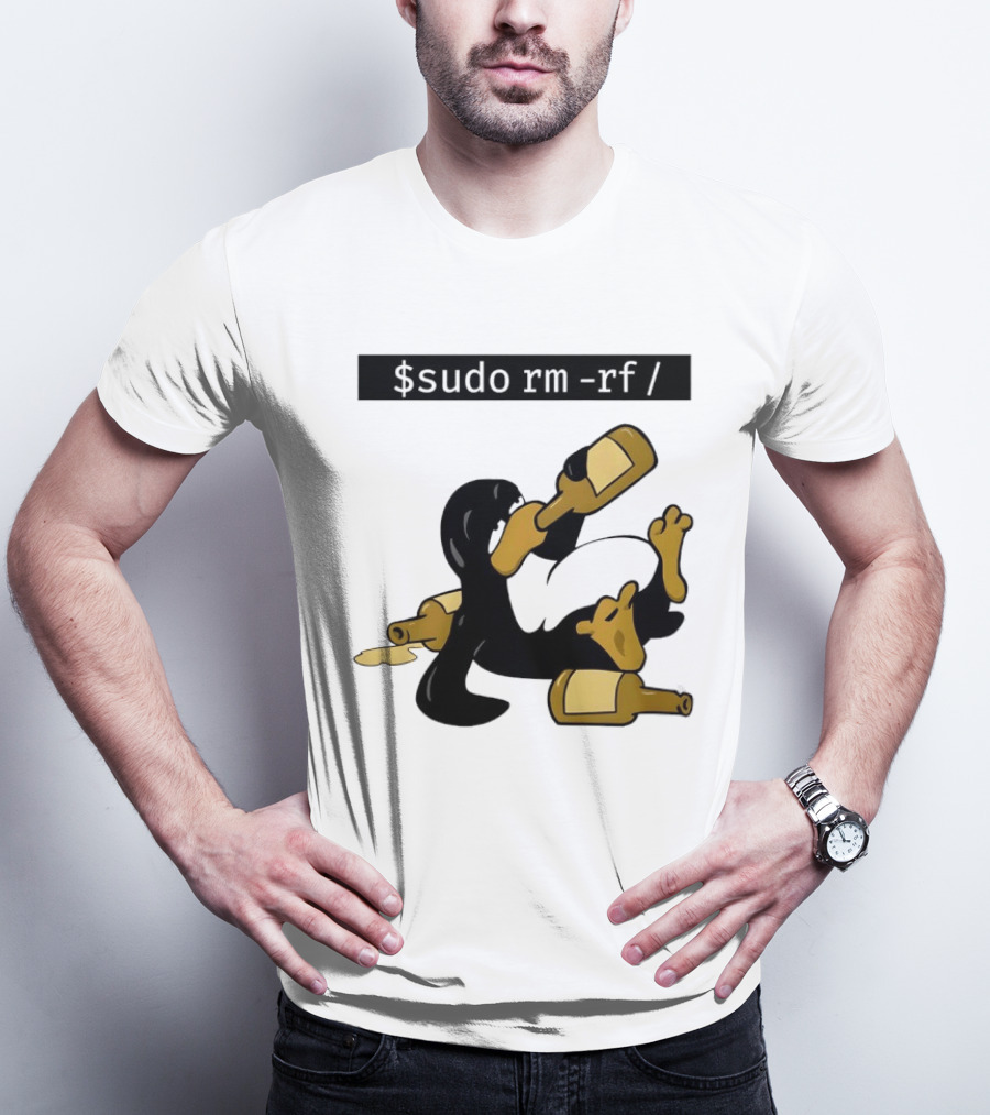 Penguin Linux Tux Drunk Sudo Rm Rf Command Bottles T-Shirt