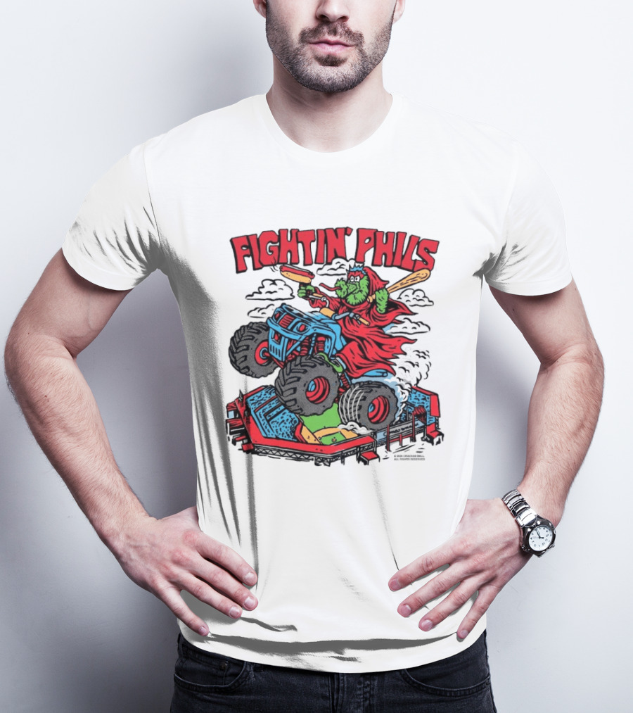 Fightin' Phils Monster Truck Creature Riding Over Baseball Stadium With Bats T-Shirt