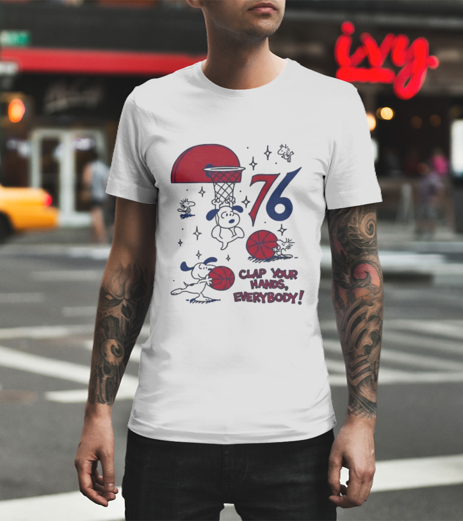 Snoopy Philadelphia 76ers Clap Your Hands Everybody Basketball Theme With Red And Blue T-Shirt