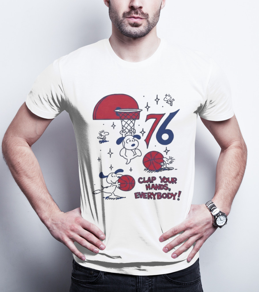 Snoopy Philadelphia 76ers Clap Your Hands Everybody Basketball Theme With Red And Blue T-Shirt