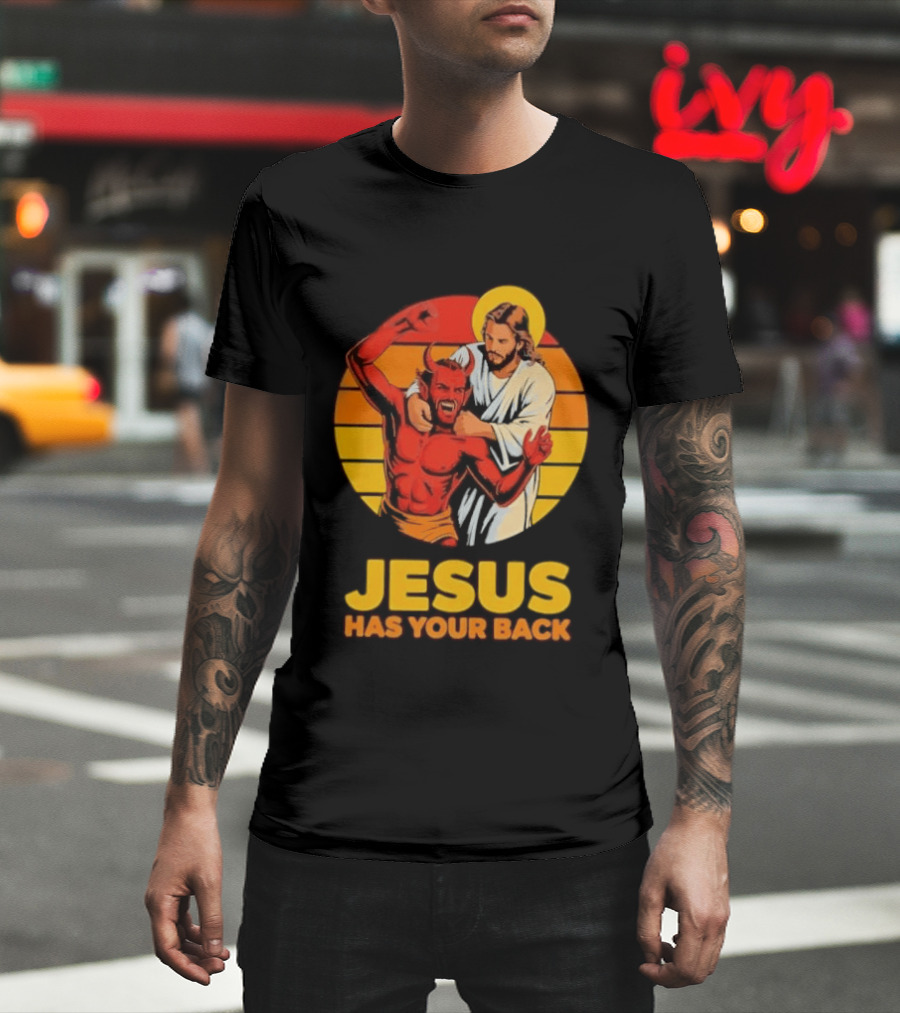 Jesus Has Your Back Vintage Illustration With Devil And Halo Symbolism T-Shirt