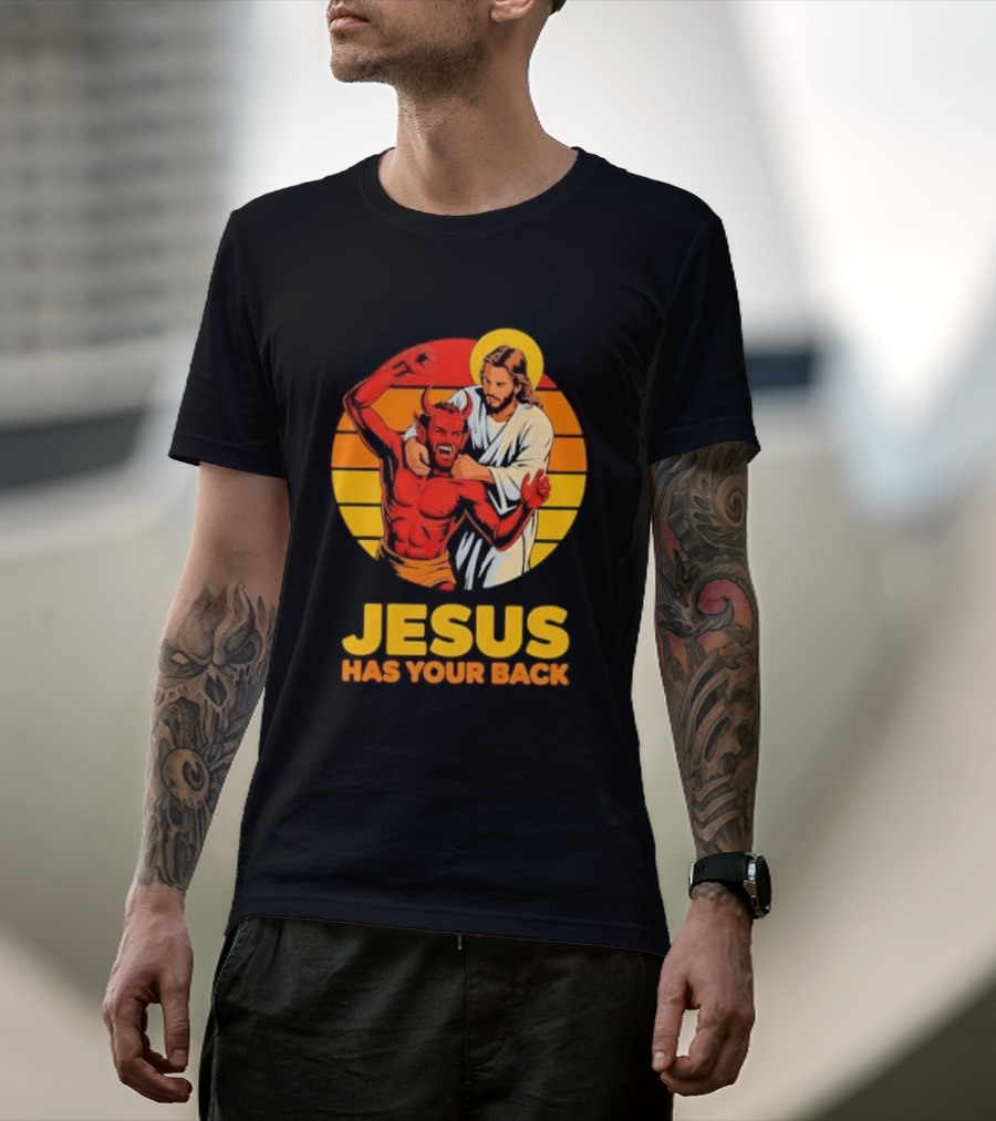 Jesus Has Your Back Vintage Illustration With Devil And Halo Symbolism T-Shirt