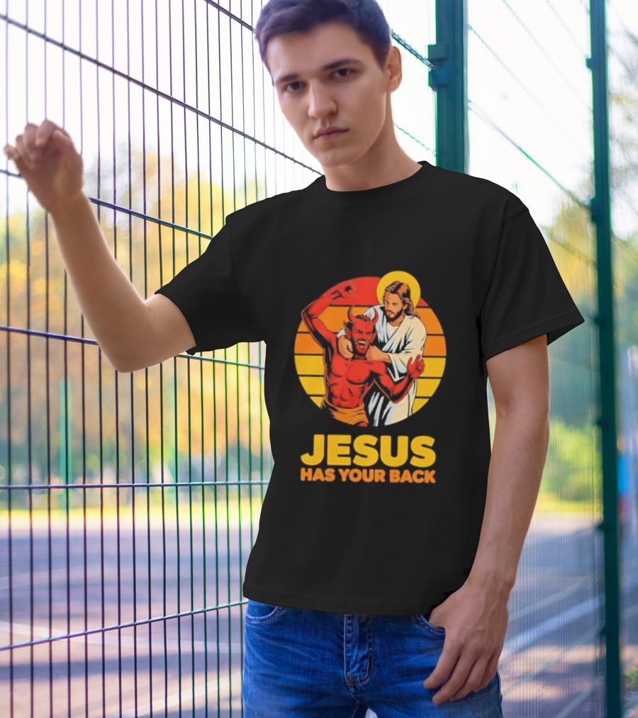 Jesus Has Your Back Vintage Illustration With Devil And Halo Symbolism T-Shirt
