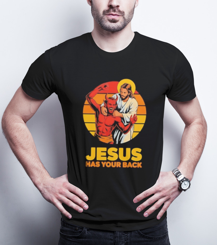 Jesus Has Your Back Vintage Illustration With Devil And Halo Symbolism T-Shirt