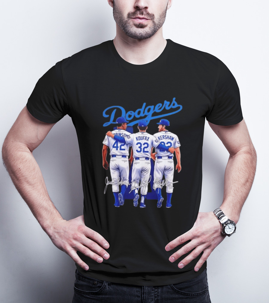 Los Angeles Dodgers Legendary Trio Jackie Robinson Sandy Koufax Clayton Kershaw Signatures T-Shirt
