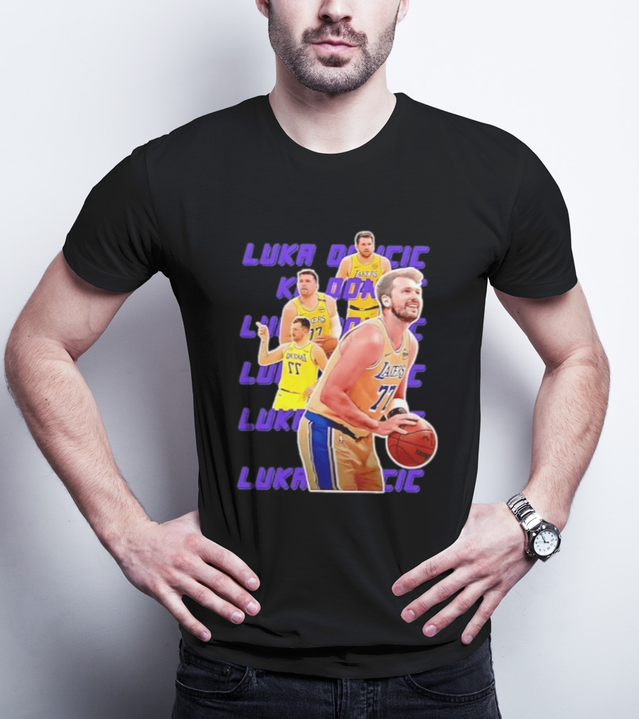 Luka Doncic Lakers 77 Action Shot Multiple Pose Purple Basketball Display T-Shirt