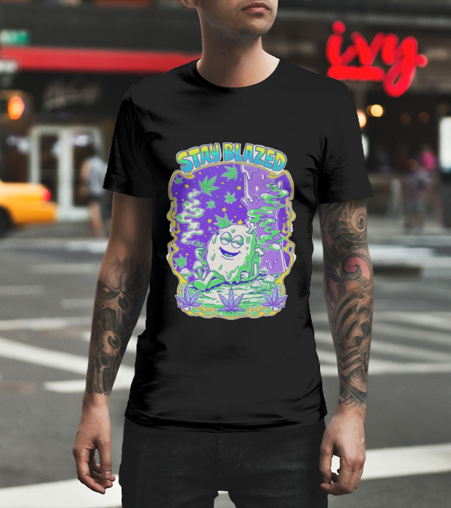 Stay Blazed Trippy Cannabis Character Psychedelic Art Leafs And Mushrooms T-Shirt