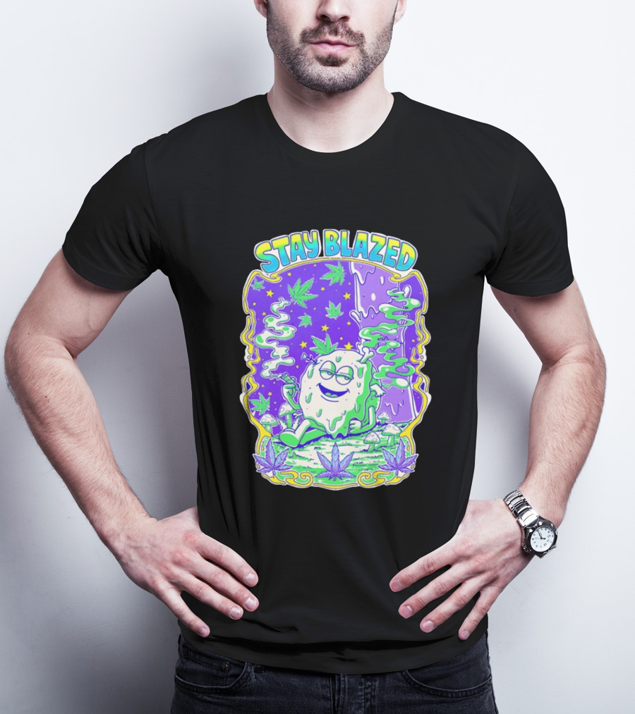 Stay Blazed Trippy Cannabis Character Psychedelic Art Leafs And Mushrooms T-Shirt
