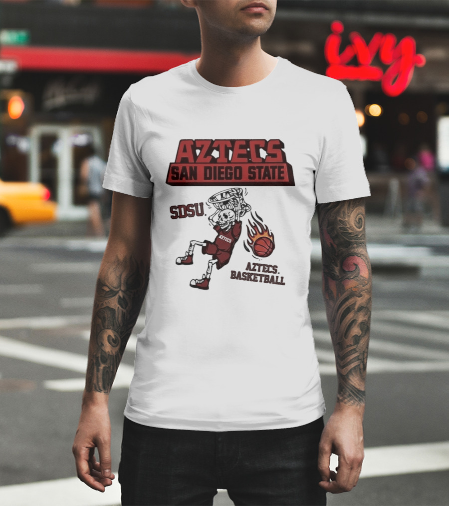 Aztecs San Diego State SDSU Skeleton Dunking Flaming Basketball T-Shirt