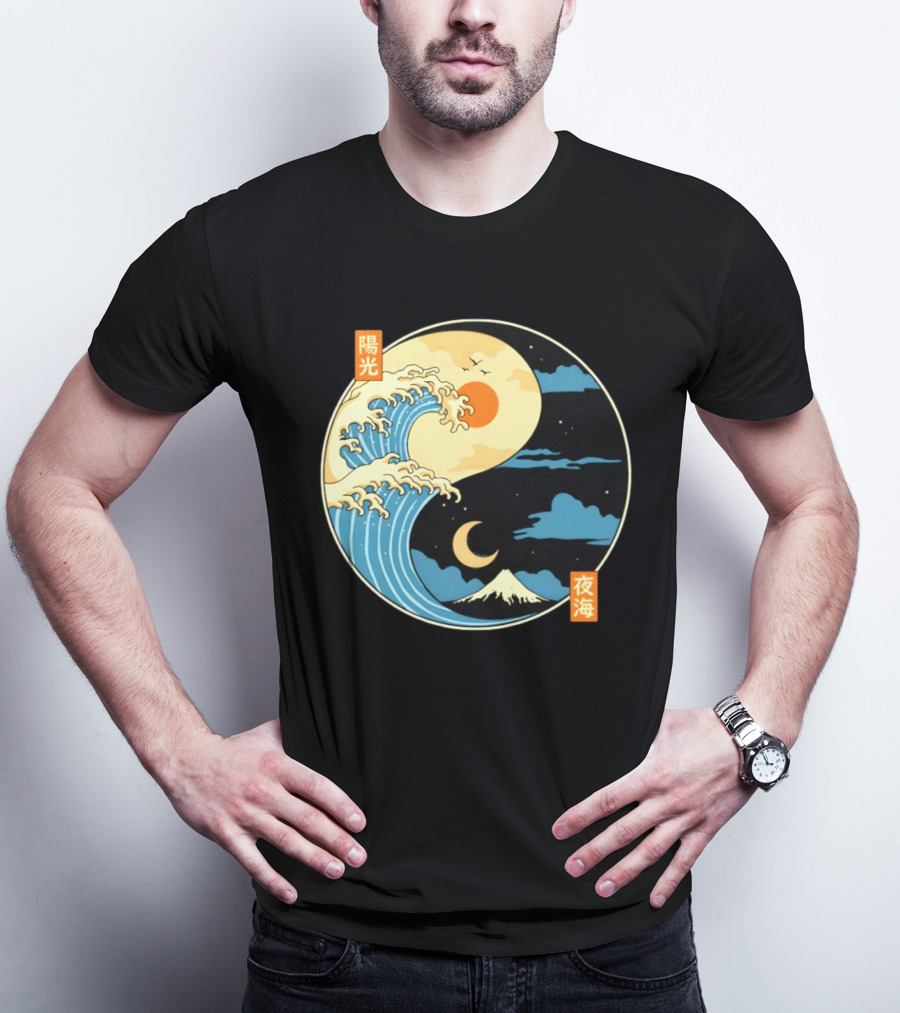 The Great Wave Off Kanagawa And Mount Fuji Yin Yang Sun And Moon Balance T-Shirt