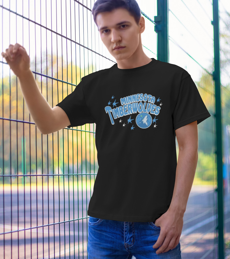 Minnesota Timberwolves Starter Black Fireworks Starry Blue Basketball Wolf T-Shirt