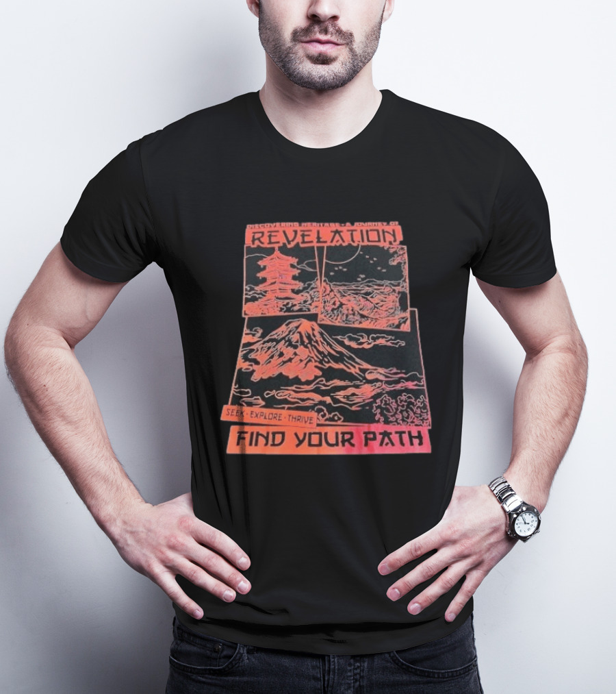 Discovering Heritage Journey Revelation Seek Explore Thrive Find Your Path Mountain Pagoda Landscape T-Shirt
