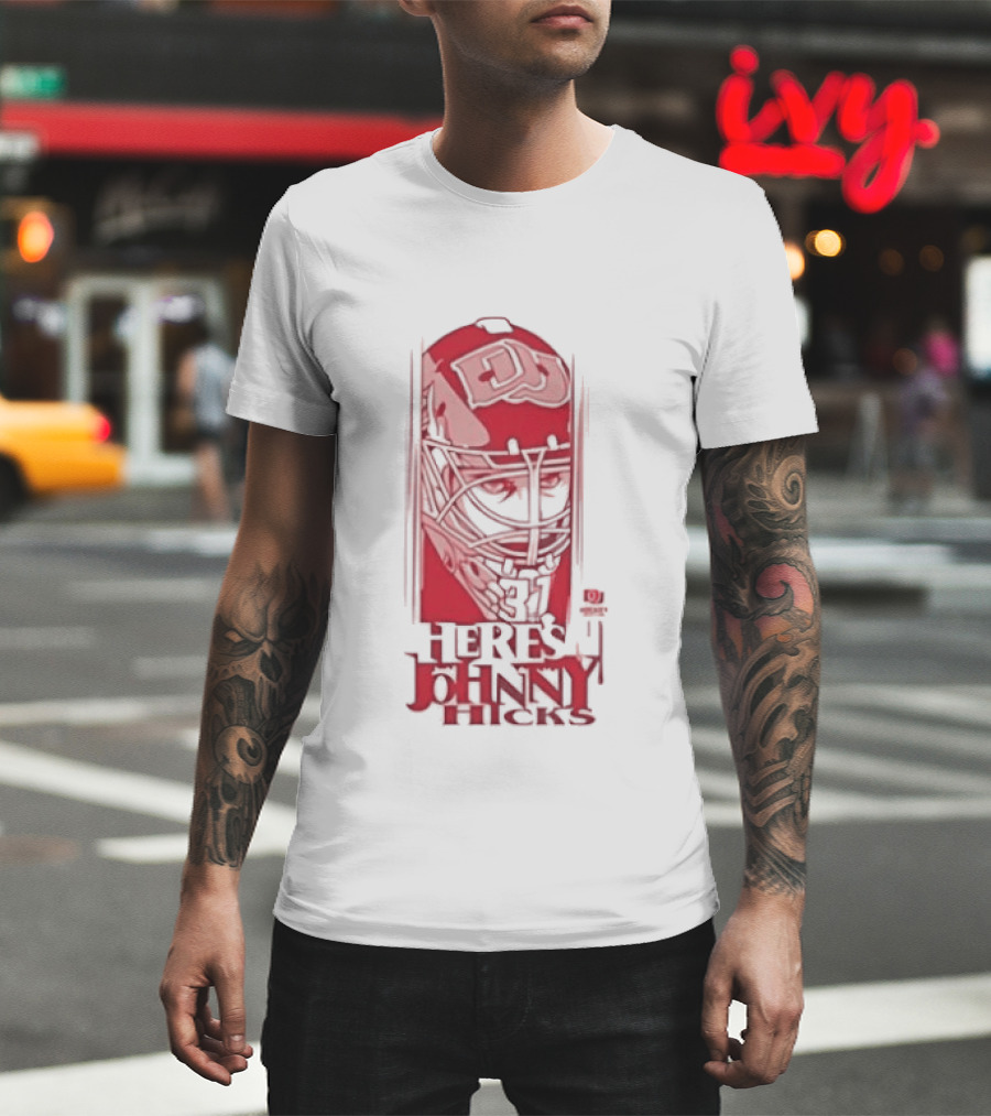 Here's Johnny Hicks Denver Pioneers Men's Ice Hockey Mask DJ T-Shirt
