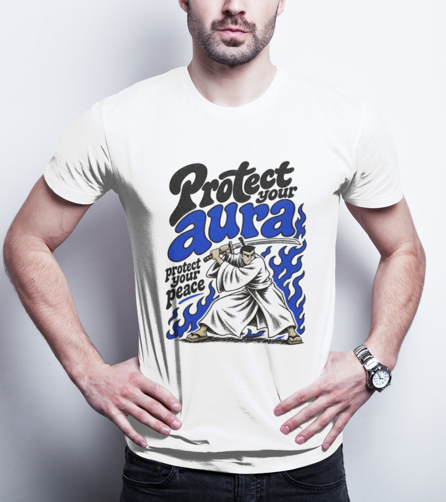 Protect Your Aura Samurai Protect Your Peace Blue Flames T-Shirt