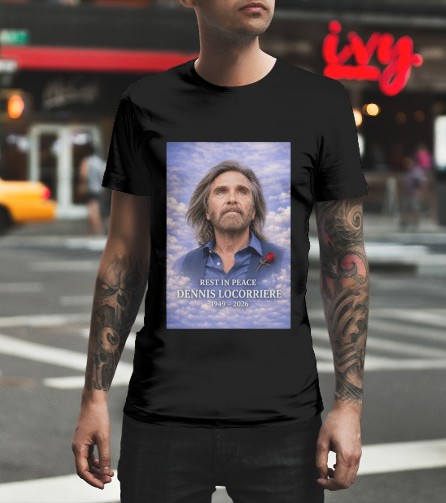 Rest In Peace Dennis Locorriere 1949 2026 Memorial Tribute With Rose And Clouds T-Shirt